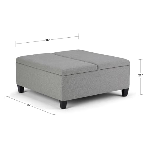 SIMPLIHOME Ellis 36 inch Wide Contemporary Square Coffee Table Storage Ottoman in Dove Grey Linen Look Fabric, Assembled, For the Living Room and Bedroom