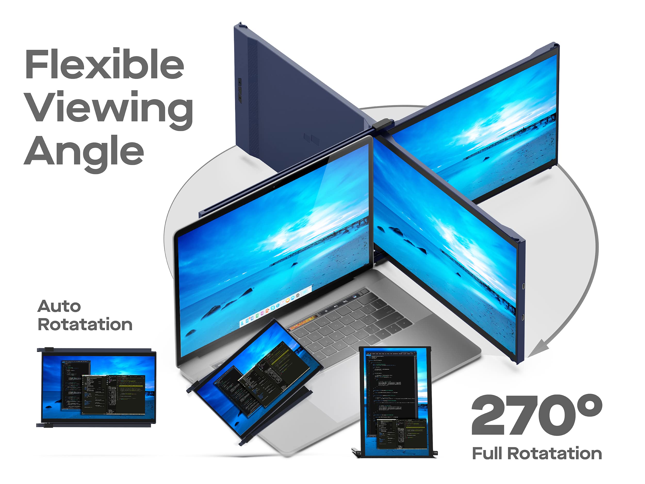 Duex Max Blue Portable Monitor with Adhesive, Mobile Pixels 14.1" Full HD 1080P IPS Auto Rotated Laptop Screen Extender, USB A/Type-C USB Powered Plug and Play