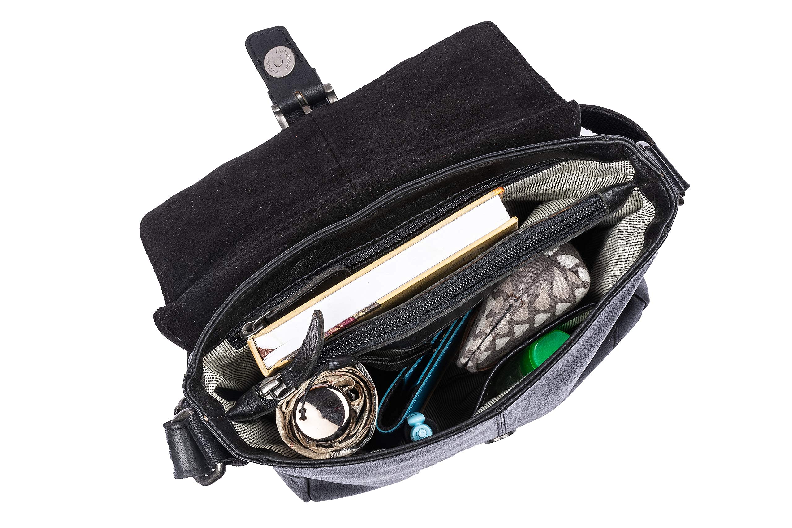 Zinda Genuine Leathers Women's Handbag Flap Over Crossbody Shoulder Sling Multiple Pockets (Black)