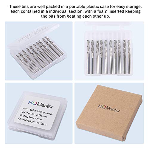 HQMaster CNC Router Bits 1/8" Shank CNC Bit End Mill Flat Nose Carbide Endmill Two Flute Spiral Upcut Milling Cutter Tool Set for Wood PVC MDF Hardwood 10Pcs (3.175 mm)