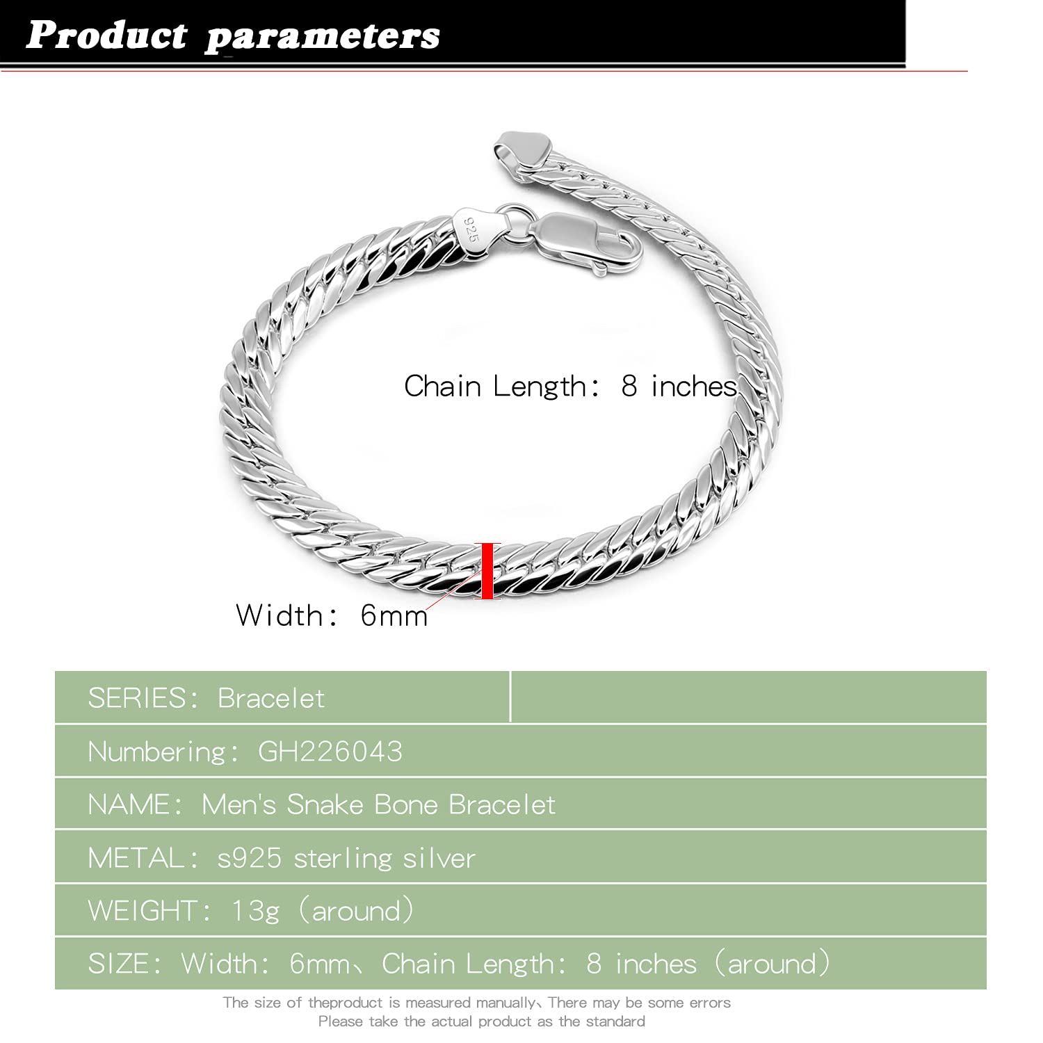 Dankadi Men Italian Solid 925 Sterling Silver Herringbone Bracelet 6MM flat Snake Chain 6.5 "7" 7.5 "8" 8.5 "9" Women Bangle Fine Jewelry gift (Silver, 7.5 inches)