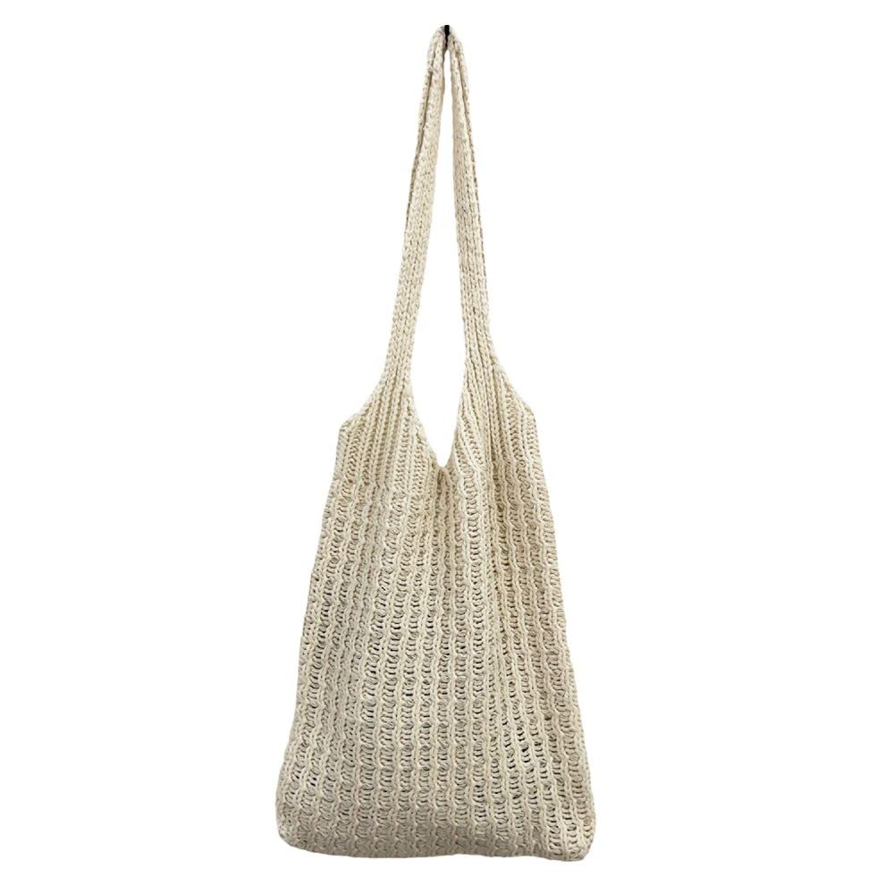Crochet Hobo Bag Shopping Bag Large Capacity Hollow Woven Tote Bag Knitting Handbags(One Size,beige)