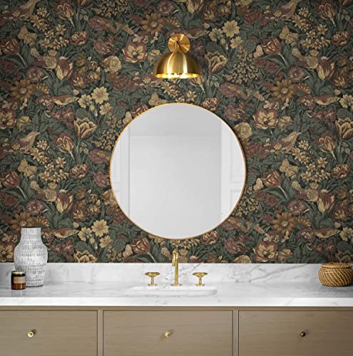 NextWall Bird Floral Vintage Peel and Stick Wallpaper (Mahogany & Graphite)