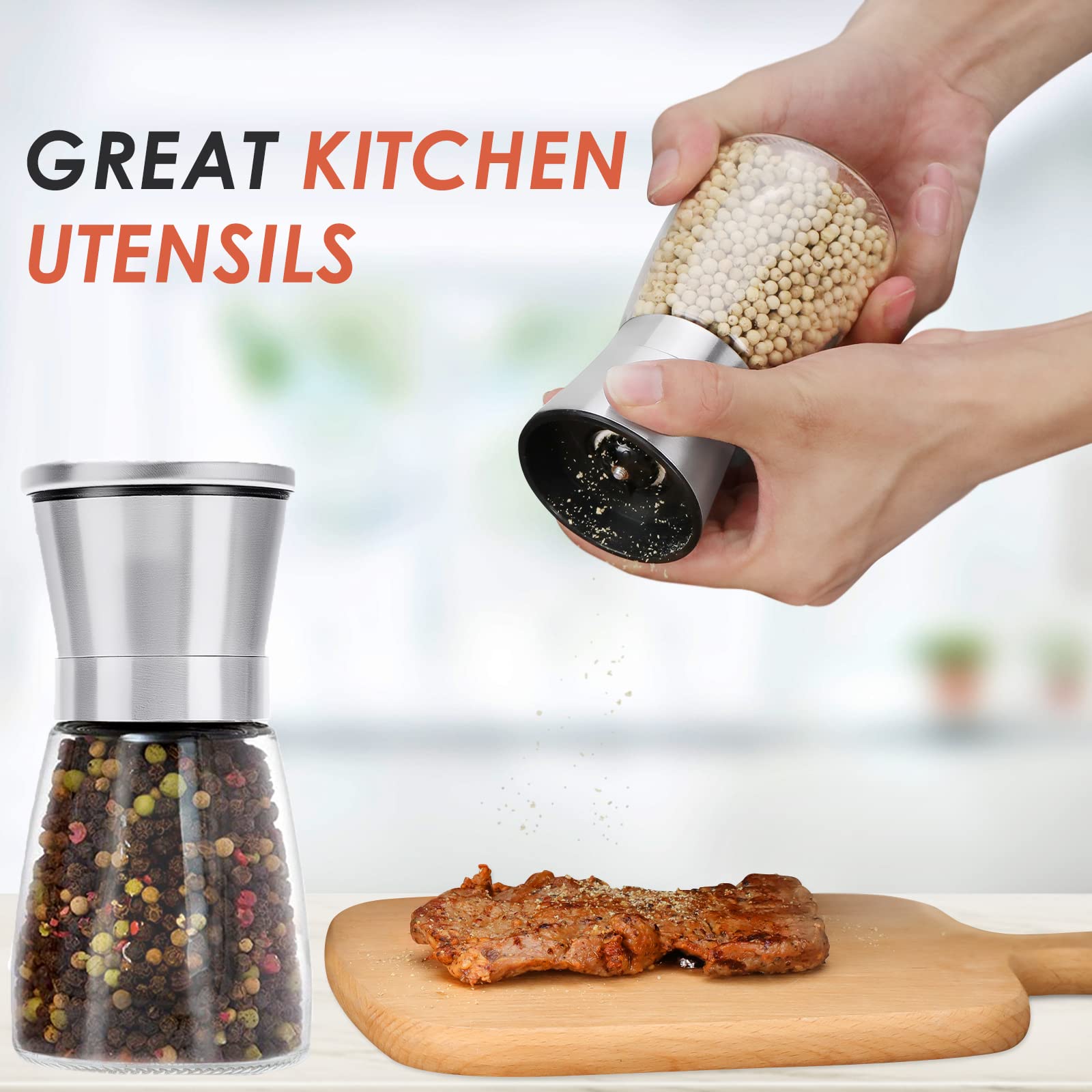 Ebaco Professional Pepper Grinder - with Germany Hardened Carbon Steel Mechanism Rotor, Refillable Pepper Mill 6OZ Glass Adjust Coarseness (1PCS-Sliver-304)