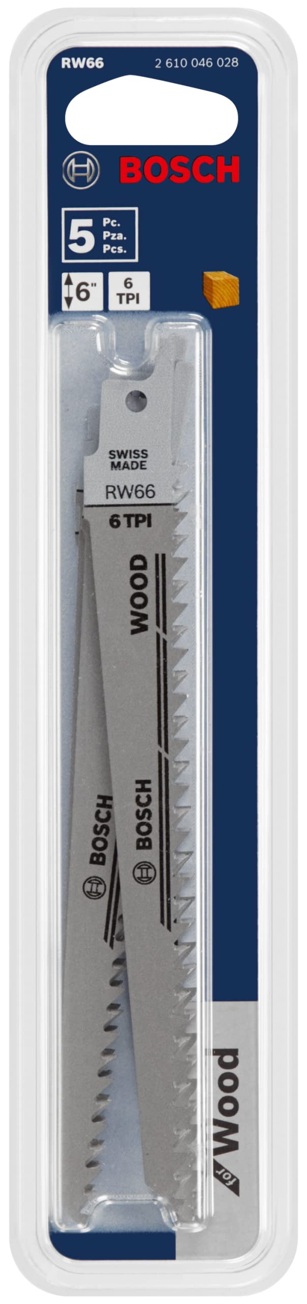 BOSCH RW66 6-Inch 6 TPI Wood Cutting reciprocating Saw Blades - 5 Pack , Blue