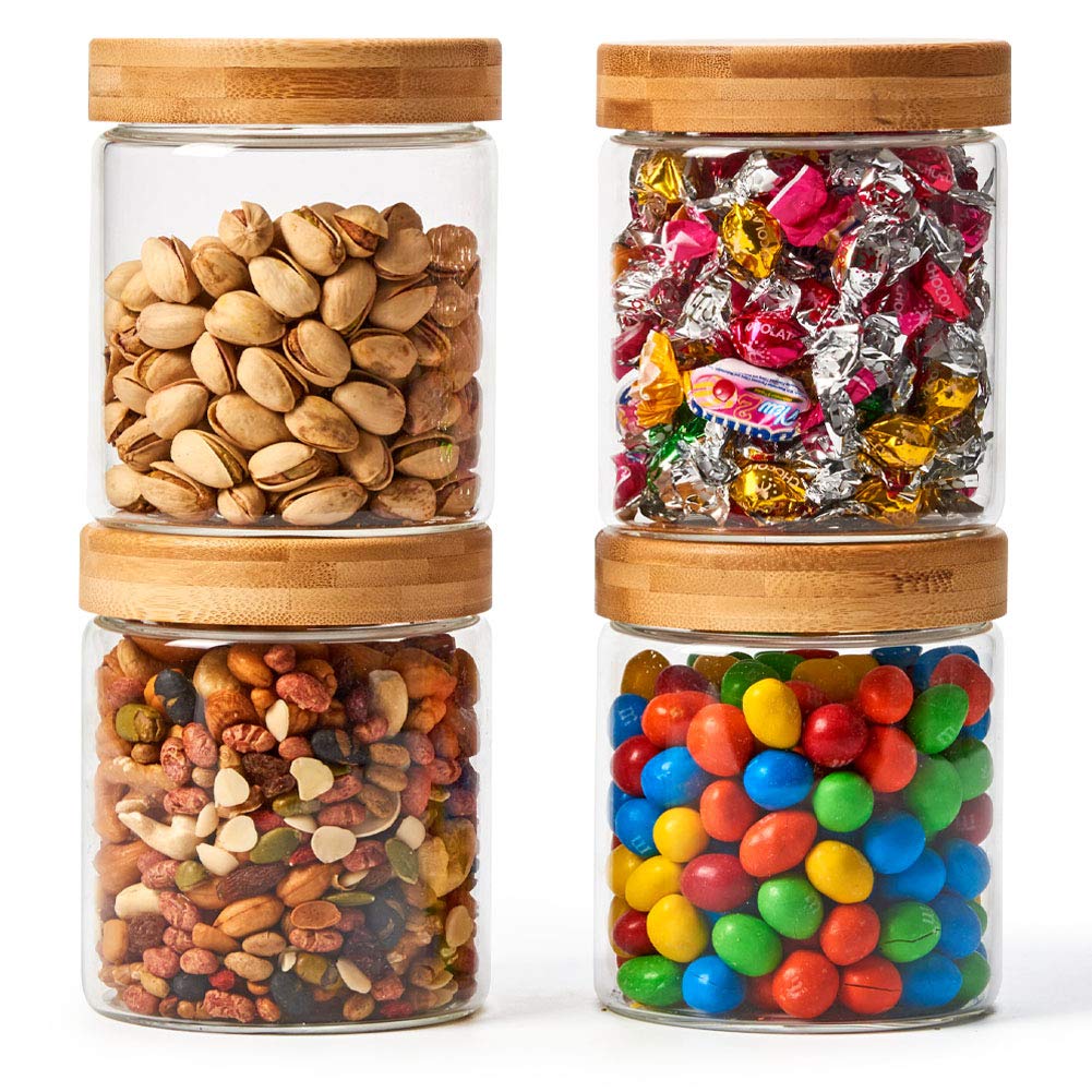 EZOWare Set of 4 Glass Food Jars with Airtight Natural Bamboo Lids, 20 fl oz Kitchen Clear Canister Storage Container Set for Storing Candy, Cookie, Rice, Sugar, Flour, Spices, Nuts, Coffee, Pasta