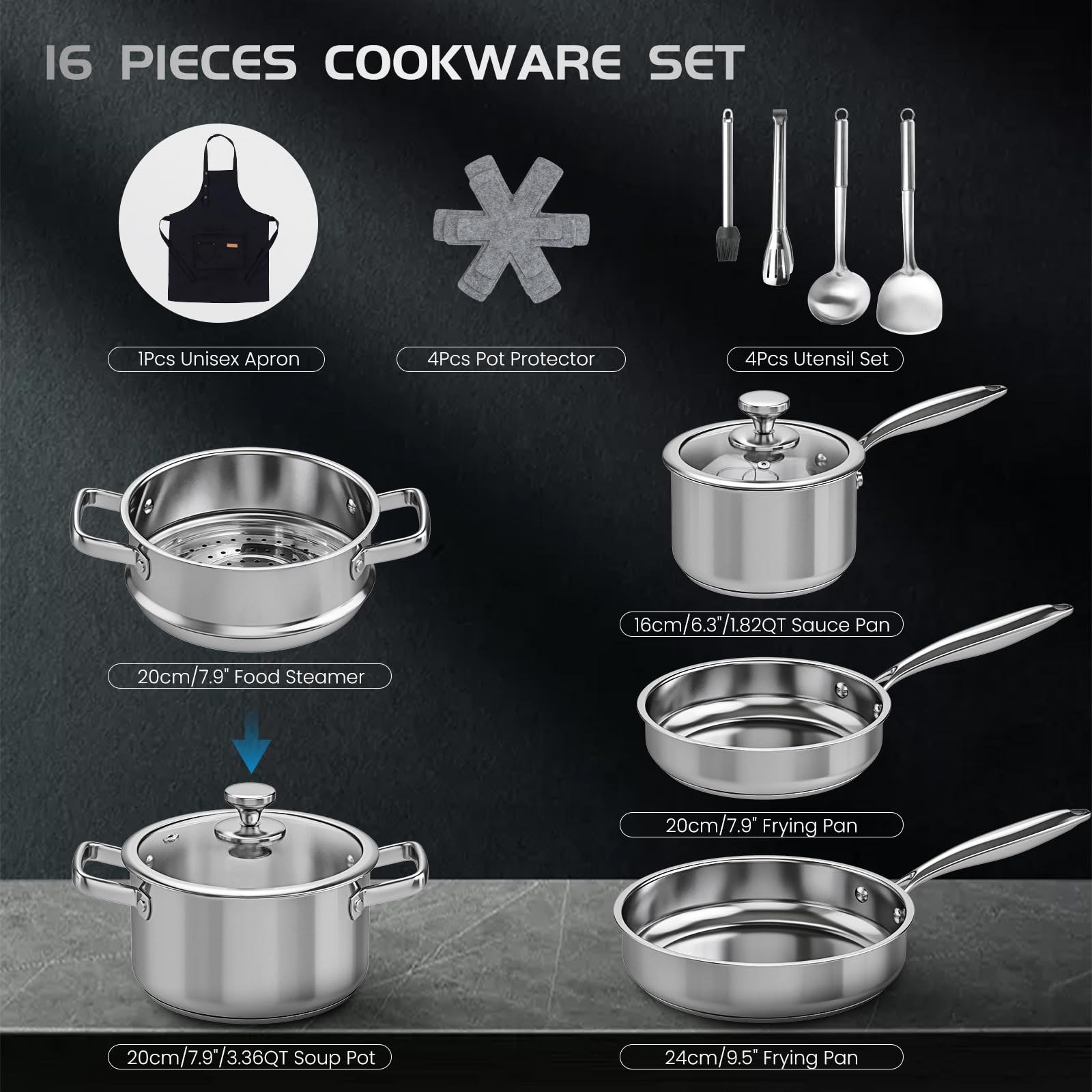 Meythway πππππππ Pots and Pans Set Non Toxic, 16PCs Stainless Steel Cookware Set with Steamer, Kitchen Induction Cookware with Utensil Sets, Pot Protectors and Apron For Oven & Dishwasher Safe