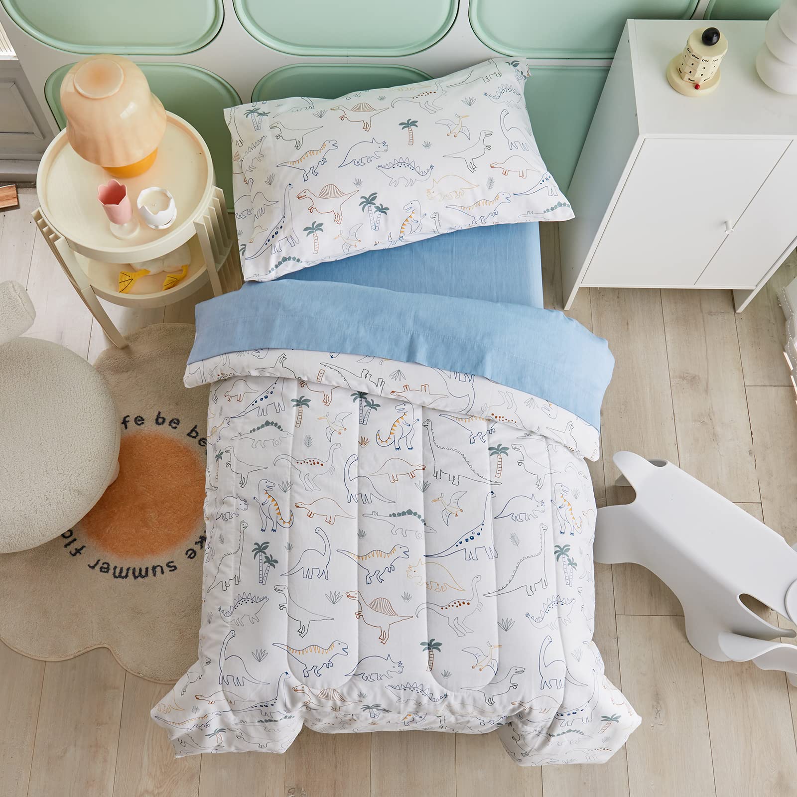 Cotton 4 Pieces White Dinosaurs Toddler Bedding Set Includes Adorable Quilted Comforter,White Fitted Sheet, Top Sheet, and Pillow Case