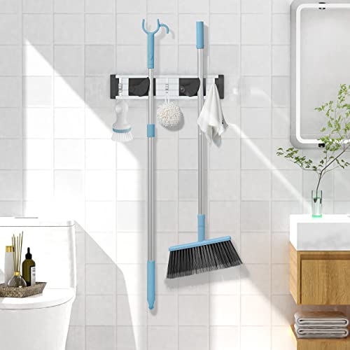 KINGTOP Broom Mop Holder Wall Mount Sturdy Space Aluminum Broom Organizer Rack with Hooks Great for Home Pantry, Kitchen, Garden,Garage & Laundry Tool Storage (2 Racks 3 Hooks Black)