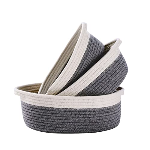 Cotton Rope Baskets, Cube Storage Basket Bins with Handle, Shelf Storage Baskets for Baby Laundry Basket Toy Storage Blanket Storage Nursery Basket Soft Storage Bins Woven Basket, 3 Pack, Gray