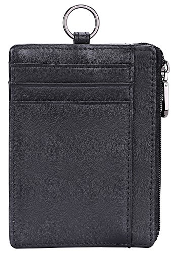 kinzd Slim Minimalist Zipper Credit Card Holder Leather Front Pocket Wallet with Keychain Ring Lanyard Strap