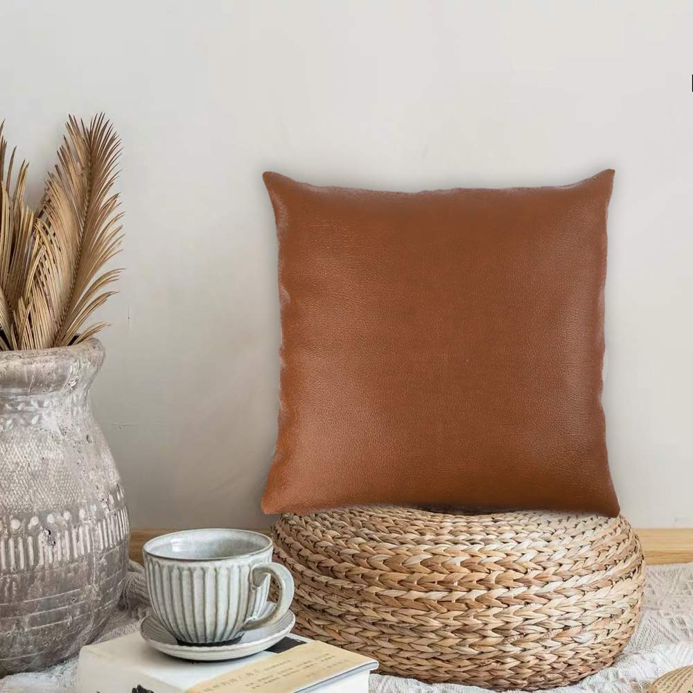 CDWERD Faux Leather Throw Pillow Covers, 18 x 18 Inches Set of 2 Modern Brown Outdoor Cushion Covers Decorative Pillowcases for Couch Bed Sofa