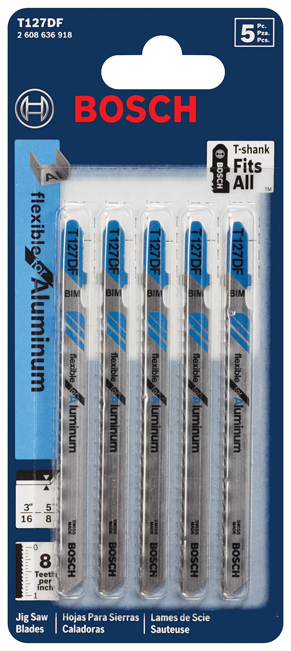 BOSCH T127DF 5-Piece 4 In. 8 TPI Flexible for Aluminum T-Shank Jig Saw Blades, Silver