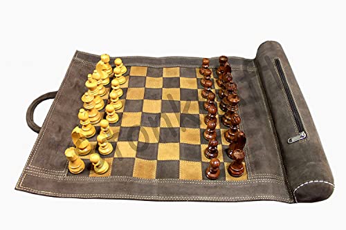 Stonkraft - 19" x 15" (Chess Board Size 12" x 12") Genuine Roll-Up Leather Chess Set - with Wooden Chess Pieces - Brown | with Innovative Carry Pouch