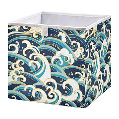Kigai Retro Ocean Wave Cube Storage Bin, 11x11x11 in Collapsible Fabric Storage Cubes Organizer Portable Storage Baskets for Shelves, Closets, Laundry, Nursery, Home Decor