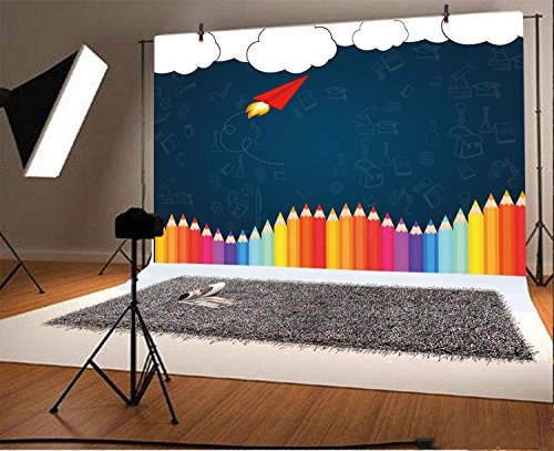 Leyiyi 8x6ft Welcome Back to School Photography Background Old Classroom Chalk Board Blackboard Colored Pens Back Season Grunge Gaffiti Paper Plane Backdrop Students Photo Portrait Vinyl Studio Prop