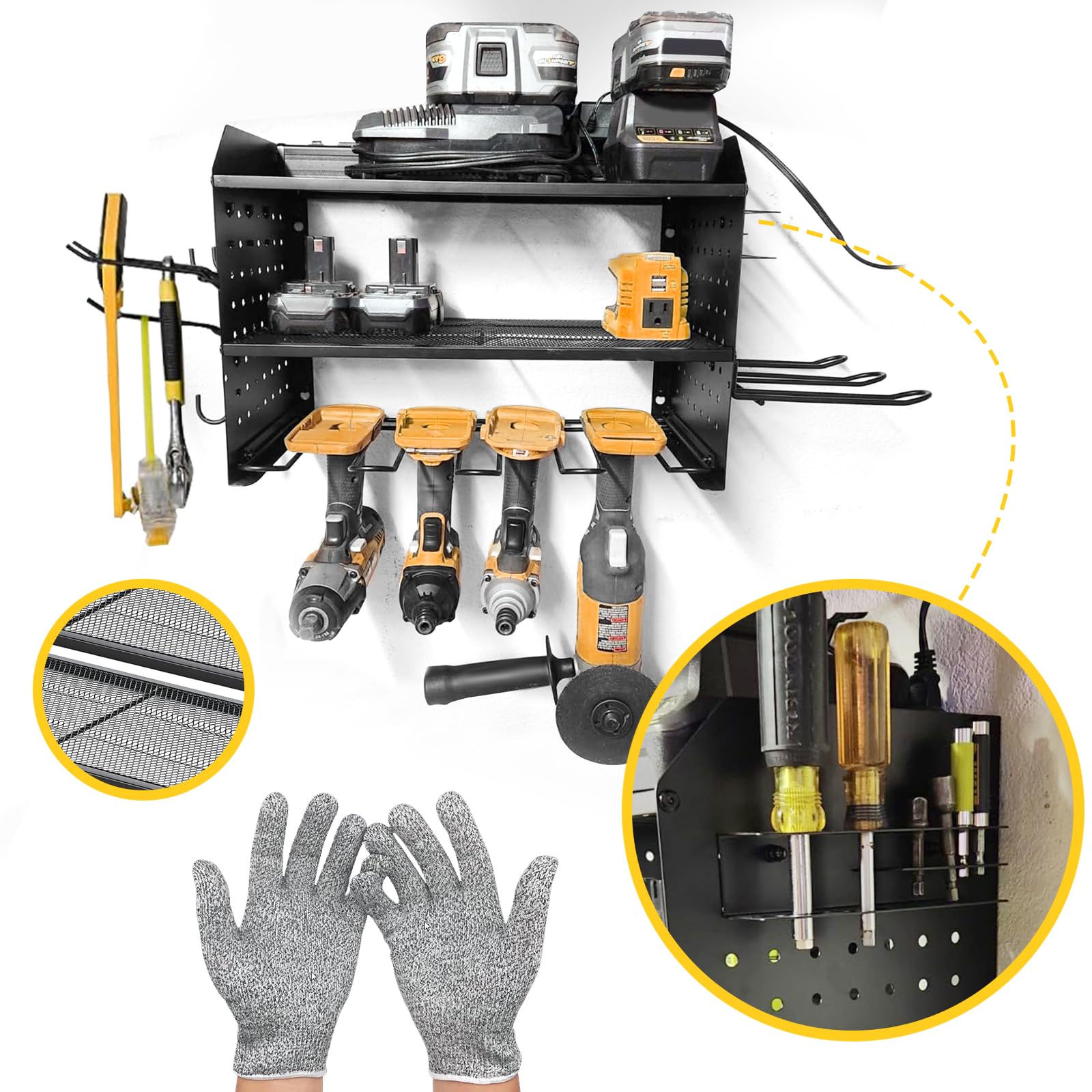 Havenfly Power Tool Organizer Wall Mount with Power Strip, 6 Drill Holder, Heavy Duty Metal Drill Storage Shelf with 8 Hooks, 3 Layer Storage Shelf with 2 Side Pegboards, Ideal Gifts for Men