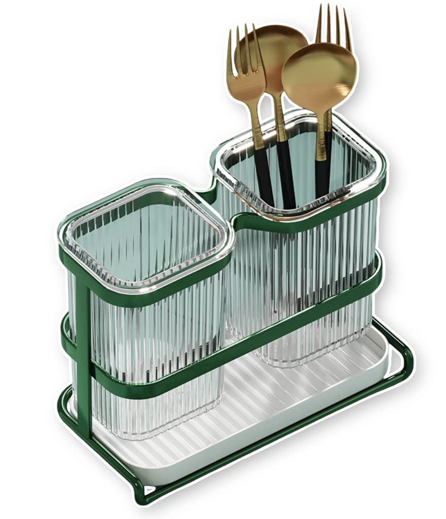 FEIJSQIU Utensil Holder with 2 Compartments Cooking Utensil Holder for Cooking Tools Storage and Utensil Organizer Utensil Drying Rack has Tray at Bottom for Easy Drainage.Clean Easy (Green)