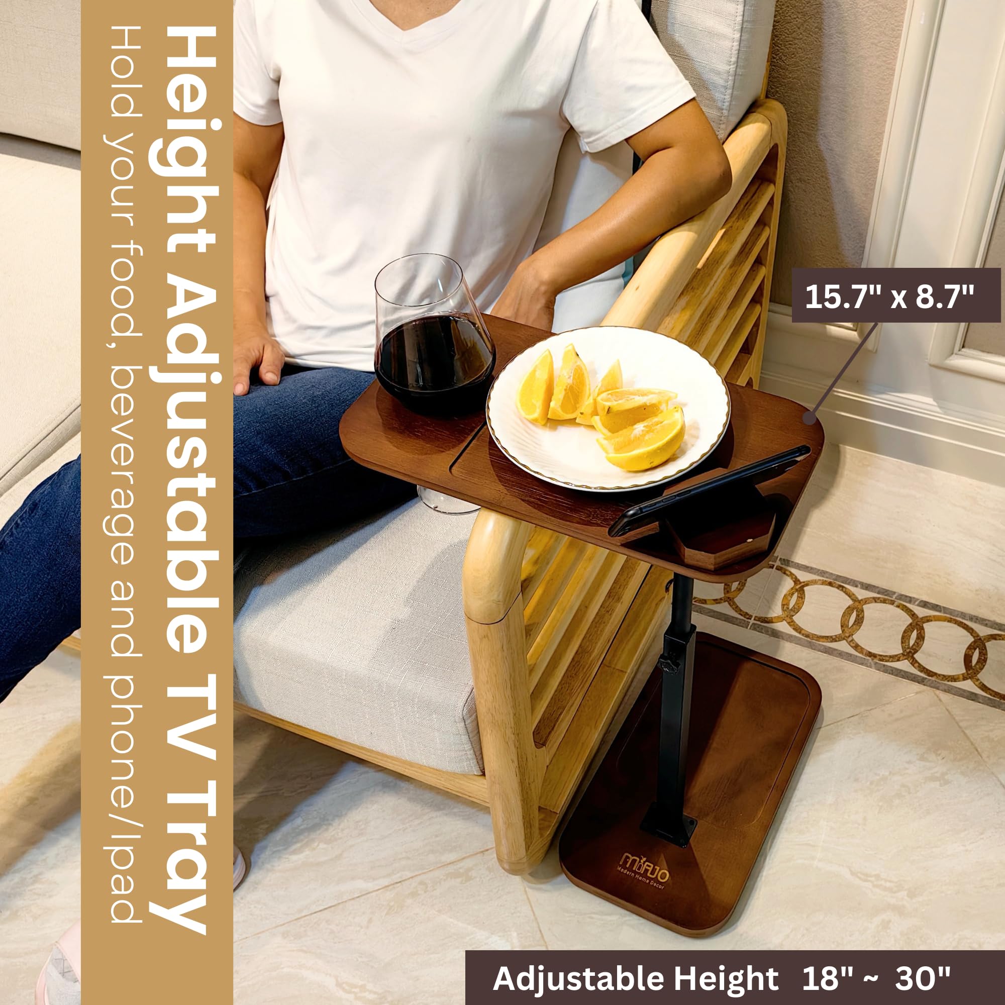 MIAJO Couch Side Table Small, Swivel TV Tray Table & 360° Rotating Phone Holder, Couch Arm Tray Tables, Small Side Table for Small Spaces, C Shaped End Table Couch Tables That Slide Under (Brown)
