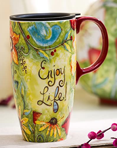 CEDAR HOME Coffee Ceramic Mug Porcelain Latte Tea Cup With Lid 17oz. Enjoy Life