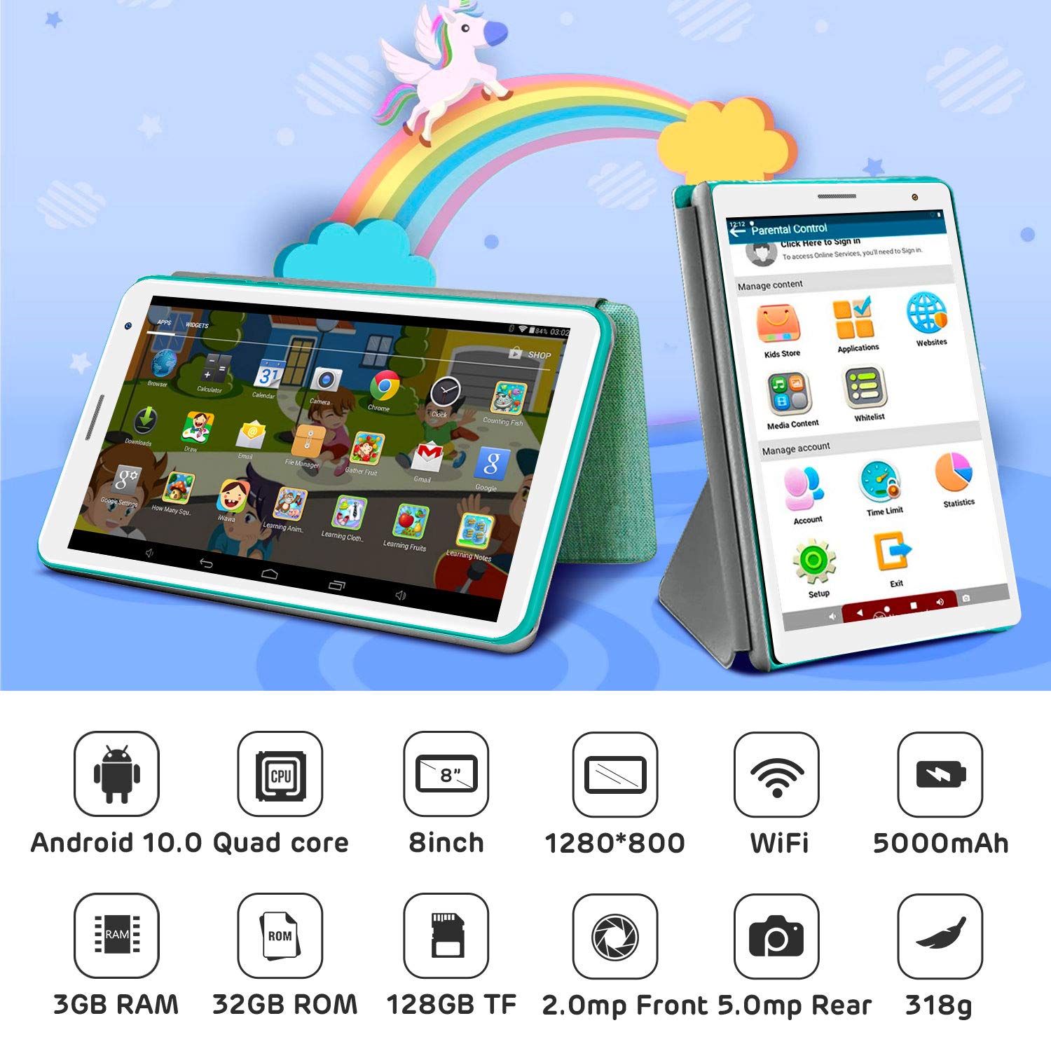 DUODUOGO Kids Tablet Android Newest Quad Core 1.6 Ghz 3GB RAM + 32GB ROM Storage, 128GB Expandable, WiFi, Tablet 8 inch 1280 x 800 HD IPS Display, Android 10, Dual Camera, 5000mAh, Bluetooth, GPS