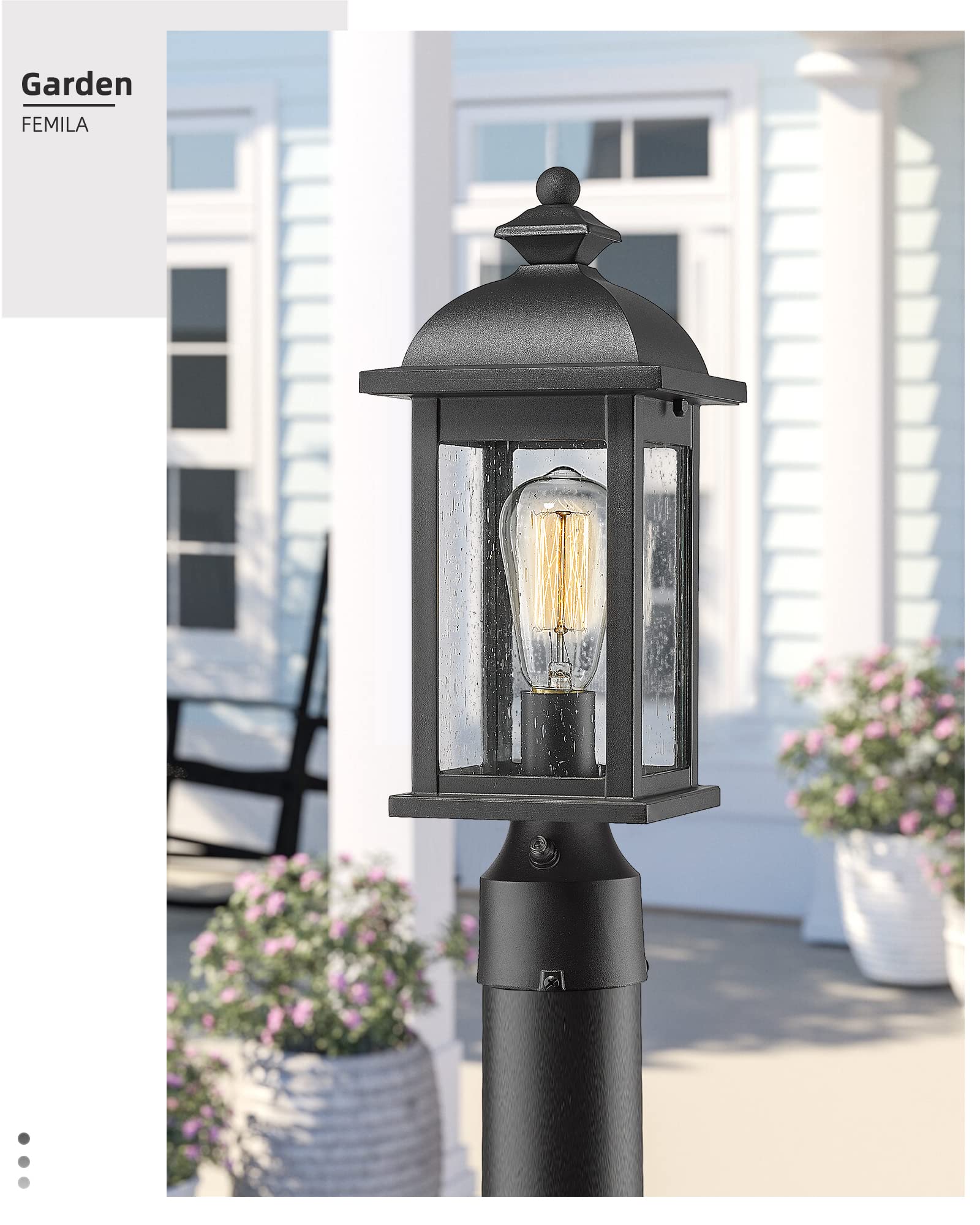 FEMILA Dusk to Dawn Outdoor Post Light, Waterproof Pole Lantern Light Fixture, Exterior Lamp Posts Outdoor Lighting for Garden Patio Yard Pathway Driveway, Clear Glass Panel, 4FD54P-PC BK