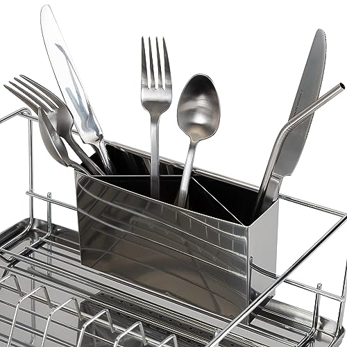 Kitchen Details 3 Piece Dish Rack | Drain Tray | Cutlery Holder | Countertop | Organizer | Holds 13 Dishes | Chrome