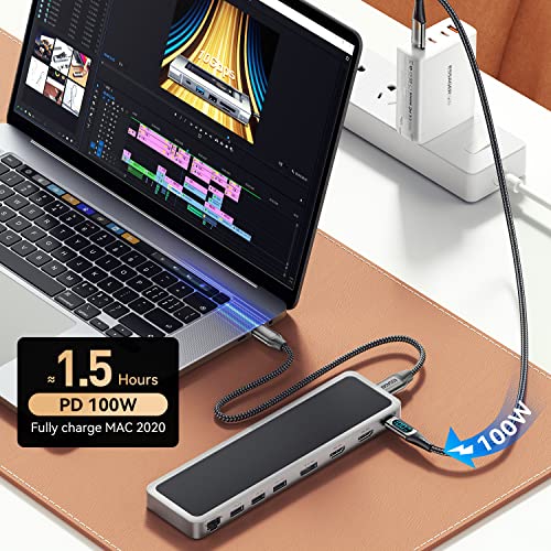 𝐄𝐒𝐒𝐀𝐆𝐄𝐑 USB C Hub, 12 in 1 USB-C Laptop Docking Station, Triple Display Type C Adapter Compatible for MacBook and Windows USB C Labtop(2HDMI DP PD3.0 SD TF Reader Ethernet 4USB 3.5mm Ports)