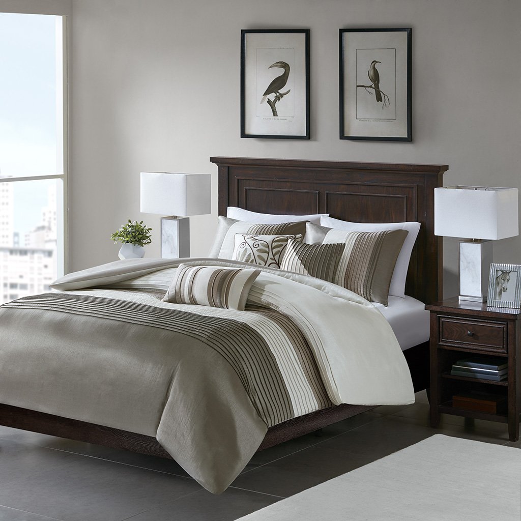 Madison Park Amherst Size-Khaki, Ivory, Stripes Duvet Set ā 6 Piece ā Ultra Soft Microfiber Light Weight Bed Comforter Covers, King/Cal King(104"x92"), Natural