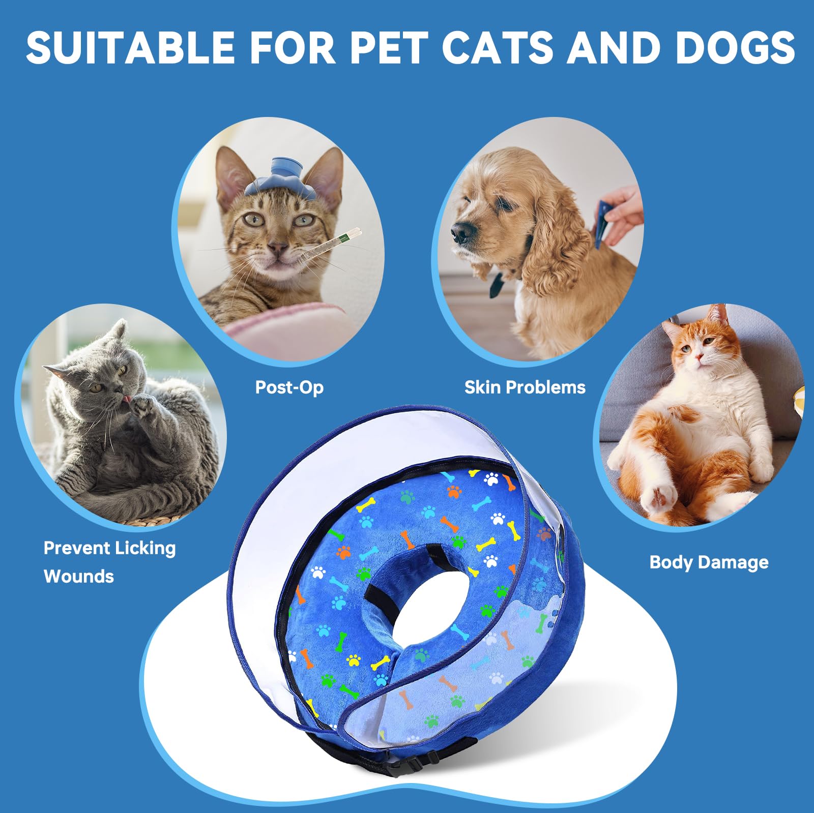 Dog Cone Collar, Inflatable Adjustable Dog Surgery Collar for Small Medium Dogs and Cats, Soft Dog Cone for Dogs After Surgery with Enhanced Anti-Licking, Protective Dog Donut Collar(M+)
