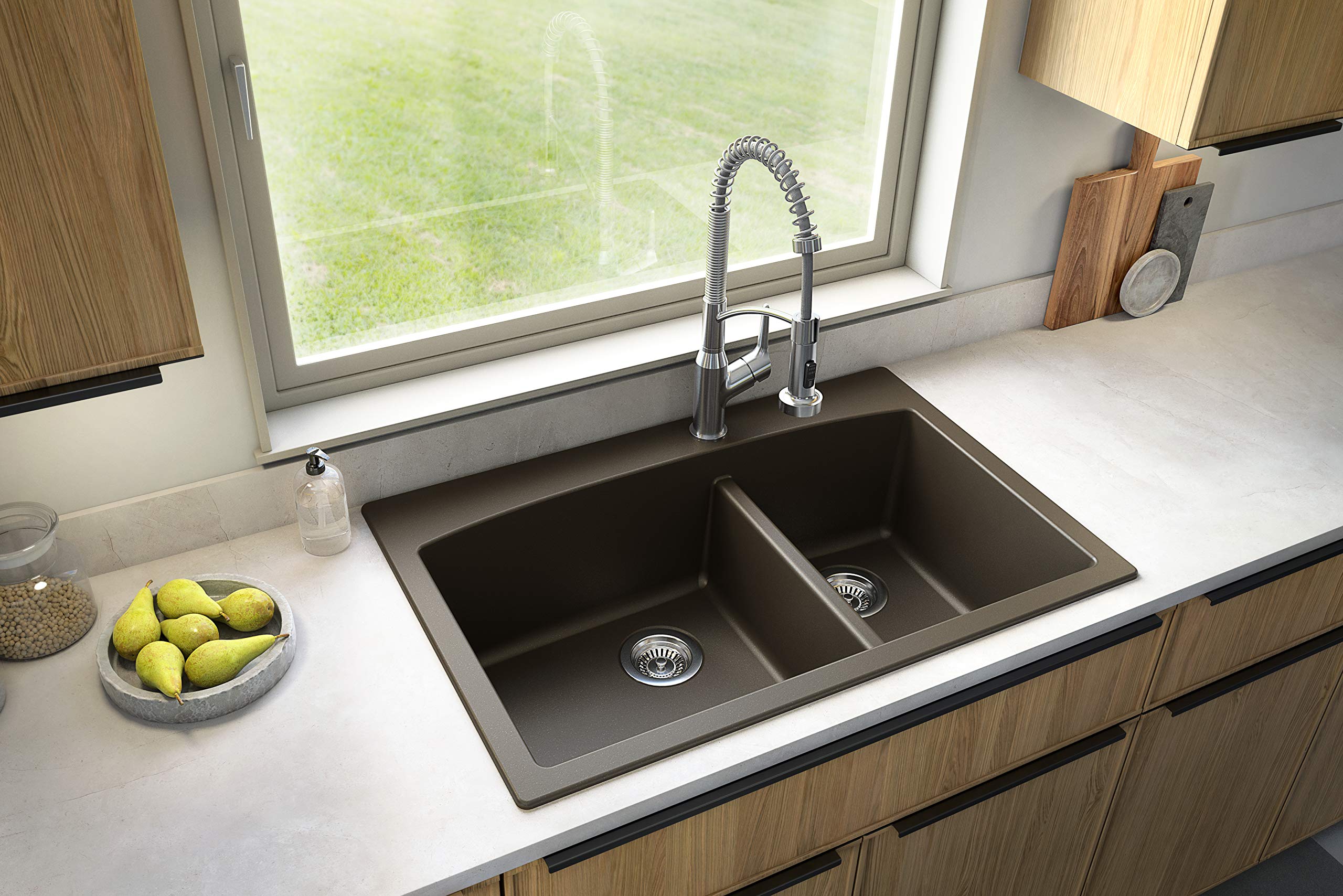Karran QT-711 Drop-In Quartz Composite 33 in. 1-Hole 60/40 Double Bowl Kitchen Sink Kit in Brown
