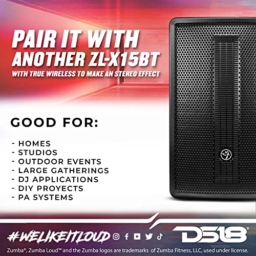 DS18 ZL-X15BT Zumba Loud 15" Self Powered 2-Way Loudspeaker Portable PA Speaker System, with MP3, USB & TWS Bluetooth, 1000 Watts - Perfect for Your Studio, Party, Dance Floor, Home or Outdoor Event