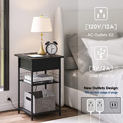 Nightstand with USB Ports and Outlets, Bedside End Table with Storage Shelf Bed Couch Sofa Side Table with Charging Station Rustic Accent Table Small Wood Night Stands for Bedroom, Living Room, Black