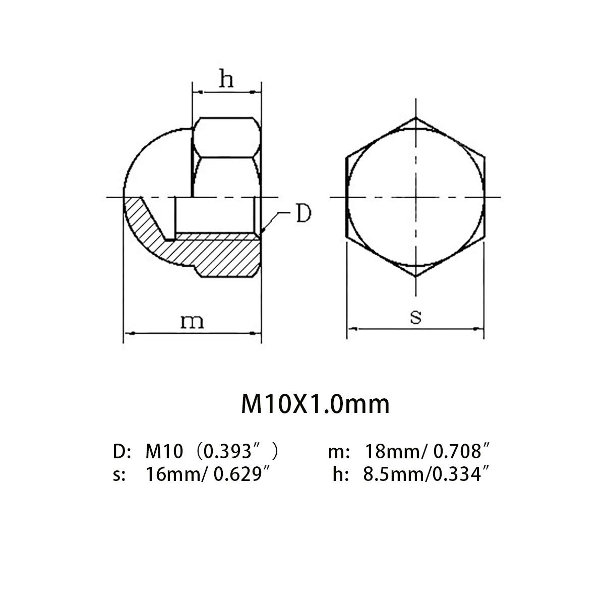 M10X1.0mm 304 Stainless Steel Fine Thread Hex Acorn CAP Nuts Decorative Nut Caps 5pcs