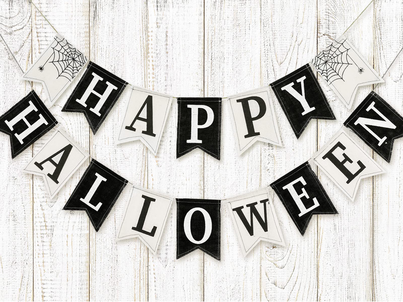 Whaline 2Pcs Happy Halloween Burlap Banner White Black Halloween Party Banner Holiday Hanging Bunting Garland Sign for Halloween Party Supplies Fireplace Wall Porch Decors Photo Prop