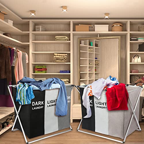 Laundry Cloth Hamper Sorter Basket Bin Foldable 3 Sections with Aluminum Frame Washing Storage Dirty Clothes Bag for Bathroom Bedroom Home Storage Basket (Black+Gray+Coffee, 3 Liner)