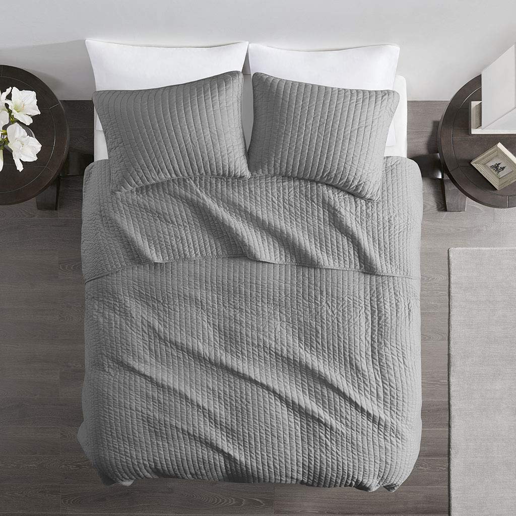 Madison Park Keaton Quilt Set-Casual Channel Stitching Design All Season, Lightweight Coverlet Bedspread Bedding, Shams, Twin/Twin XL(68"x90"), Stripe Grey, 2 Piece
