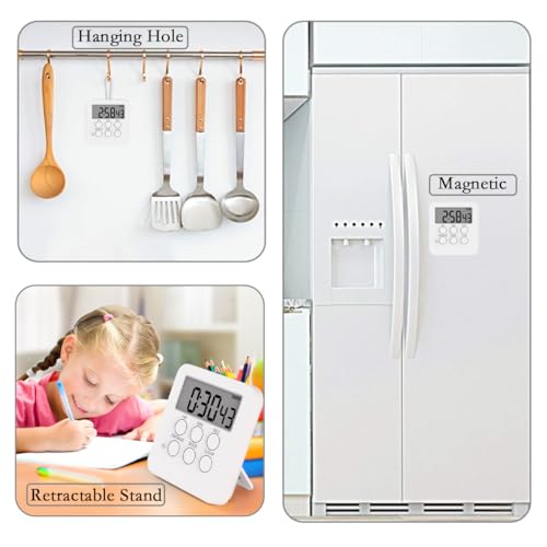 Digital Kitchen Timer with Mute/Lound Alarm Switch,3 in 1 Multifunctional Clock Alarm Count UP/Down Timer,24-Hours Memory Function Magnetic Timer for Cooking Learning(White)