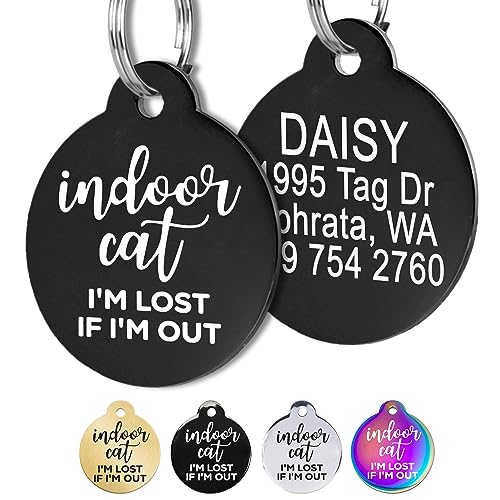 GoTags Cat Tags Personalized Small, Indoor Cat Tag Engraved with 4 Lines of Custom ID for Collars, I'm Lost If I'm Out Cat Name Tags, Anodized Aluminum Pet ID Tag, Round