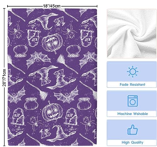 Kitchen Towels Happy Halloween Purple Absorbent Tea Towel Soft Hand Dish Towel Pumpkin Witch Bat Reusable Washable Cleaning Cloth Hand Bath Towels for Bathroom Bar for Everyday Cooking (Pack of 1)