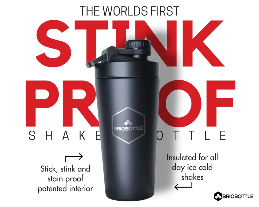 BrioBottle ™ Stainless Steel Shaker Bottle - 24oz Insulated Protein Metal Cup - Reusable Odor Resistant Smoothie Shaker Bottle - Black Water Bottle