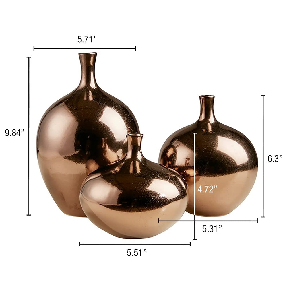 Madison Park Signature Ansen Ceramic Handmade Vase Set Home Décor - Metallic Accent Living Room Decoration Ideal for Shelf, Side Table, Mantle Ornaments, Multi Size, Bronze 3 Piece