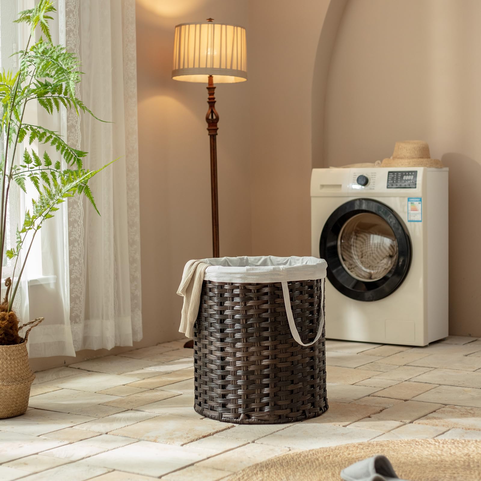 KUREEISE Laundry Basket, Handwoven Rattan Laundry Hamper, No Install Needed, 26.5 Gal (100L) Round Clothes Hamper with Removable Bag & Handles, Foldable Storage Basket for Bedroom(Brown)