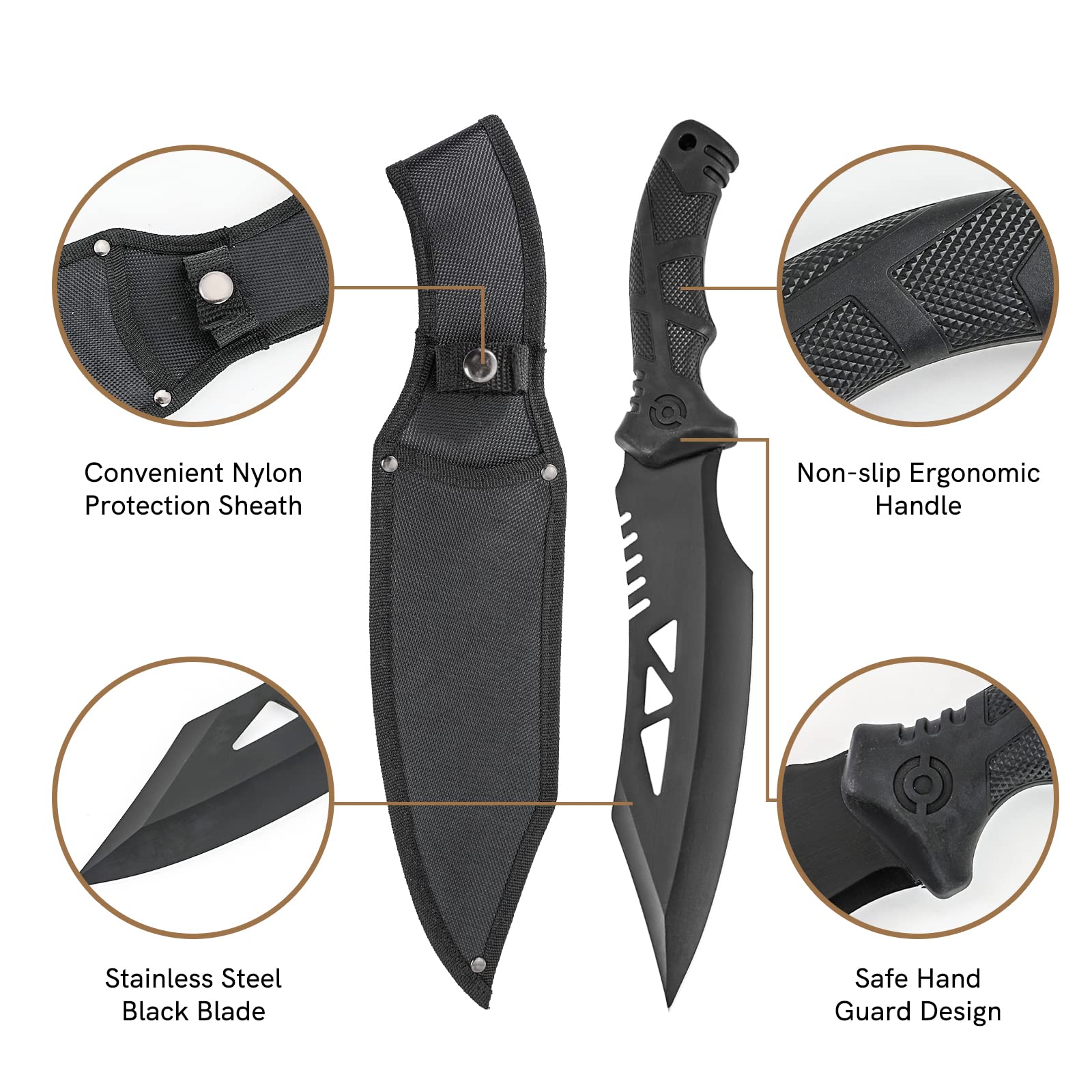 Dispatch Tactical Bowie Survival Hunting Rambo Bushcraft Knife with Protective Sheath Military Combat Fixed Blade, with Non-Slip Handle, for Camping, Hunting, and Adventure, 15" Closed