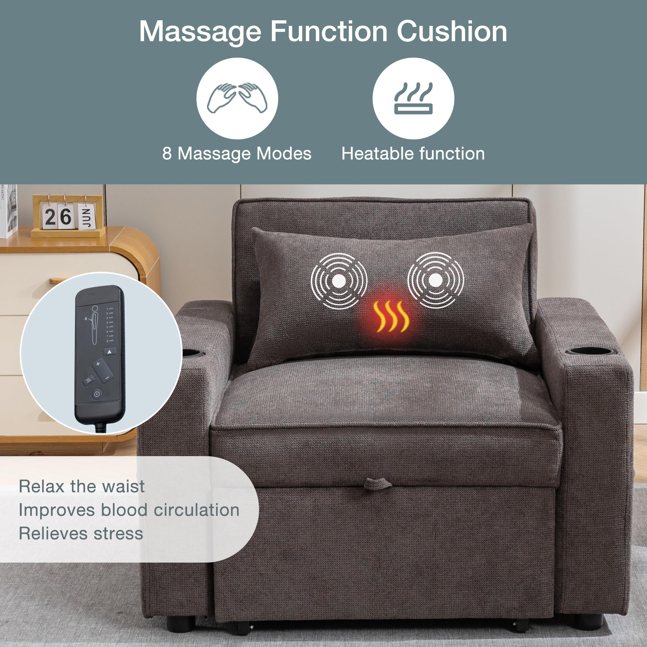 BOSMILLER Convertible Sofa Bed, 3-in-1 Pull-Out Sleeper Sofa, Adjust Backrest Futon Couch with Massage Heating Pillow, USB, Side Pocket, Cup Holder, for Living Room/Office/Small Apartment