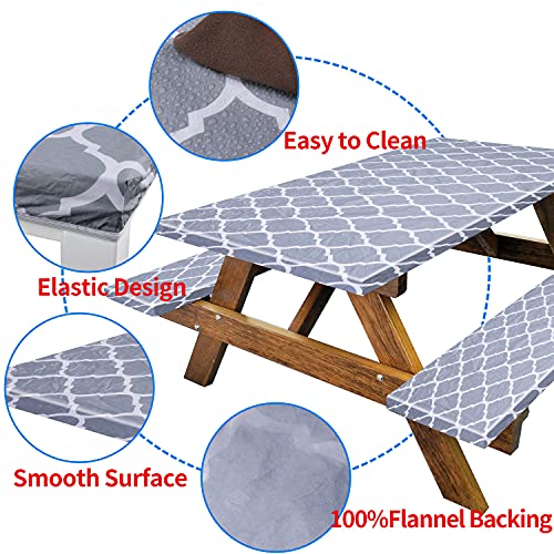 frtzal Vinyl Picnic Tablecloths and Bench Covers, Camping Tablecloth Picnic Pable Bench Covers with Elastic Waterproof Picnic Table and Bench Seat Covers for Outdoor Patio Park