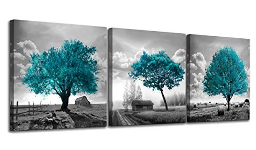 Canvas Wall Art for Bedroom Black and White Farmhouse Rustic Country Landscape Teal Trees Picture Wall Decor Modern Framed Artwork 3 Pieces