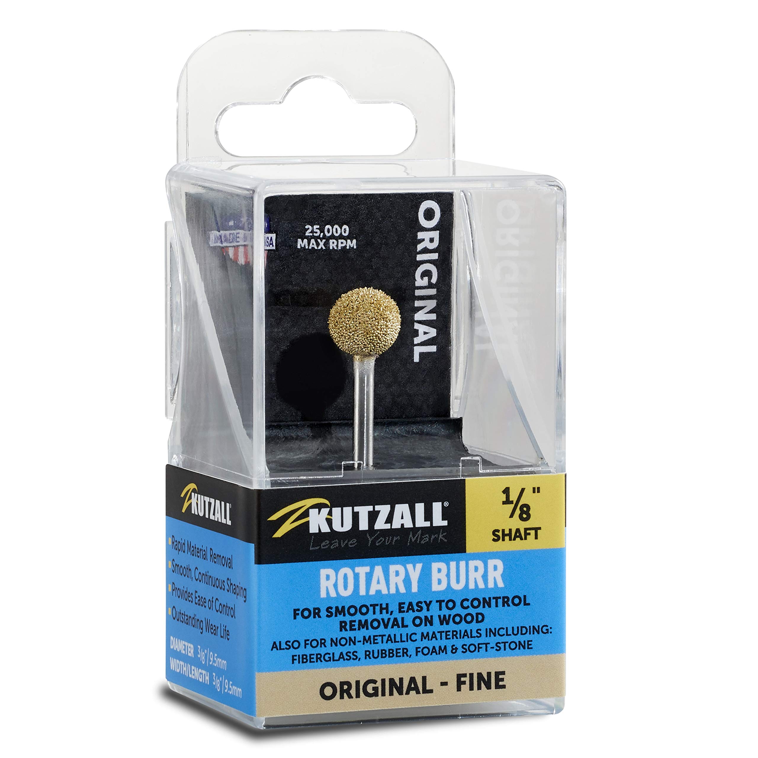 Kutzall Original Sphere Rotary Burr, 1⁄8" Shaft, Fine - Woodworking Attachment for Dremel, Foredom, DeWalt, Milwaukee Tools. Abrasive Tungsten Carbide Coating, 3⁄8" (9.5mm) Head Diameter, S-38-EG
