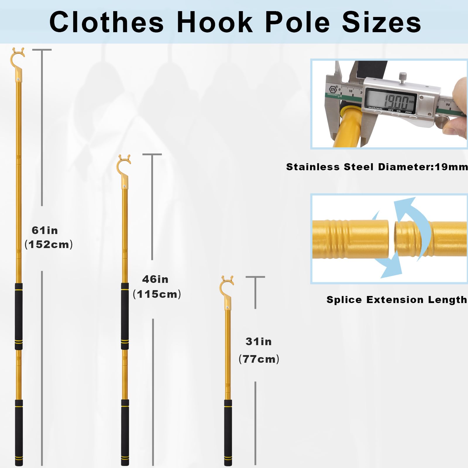 Greeily Clothes Hanger Reaching Hook, Garment Hook Reach Pole for Hanging Clothes Closet Bird Feeders Plants and Christmas Light Extendable from 31" to 61" with Sponge Handle (Yellow Hook)