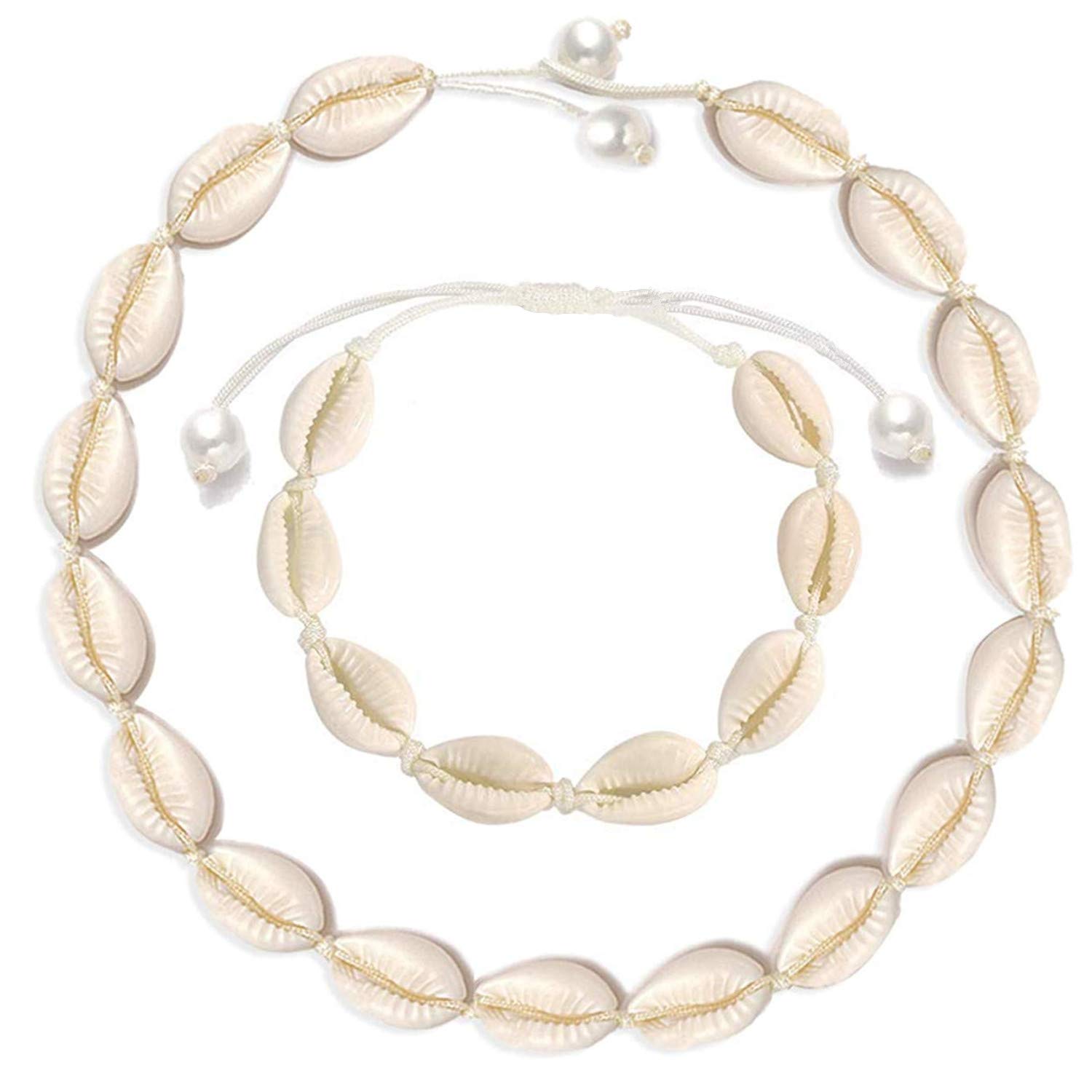 Cilkus Natural Shell Necklace Bracelet Anklet Set, Handmade Adjustable Pearl Buckle Summer Boho Hawaii Beach Seashell Choker Jewelry Gift for Women Girls (White)